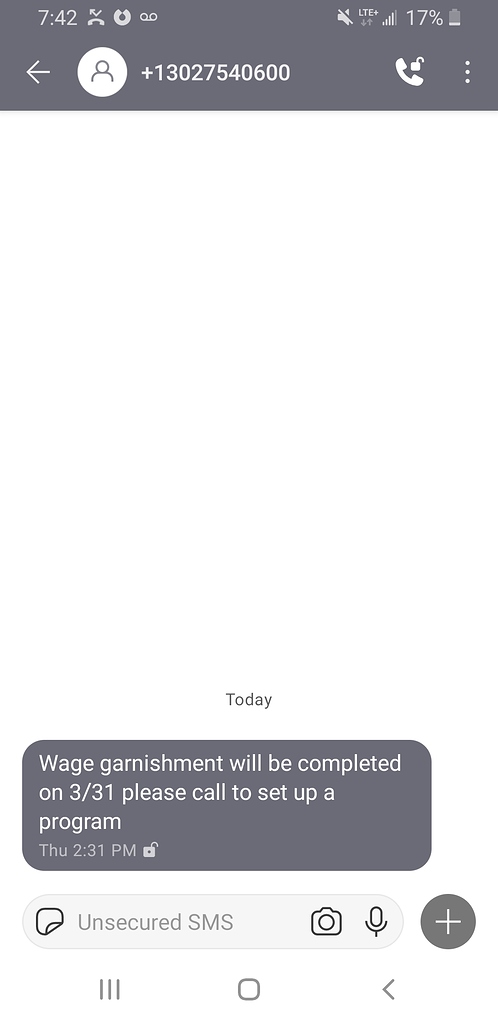 Has anyone recieved ominous text messages when late on payments ...